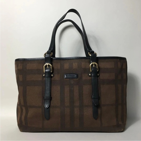 Burberry | Bags | Burberry Brown Checkered Tote With Black Handles ...
